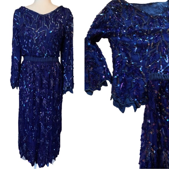 Vintage | Dresses | Vintage Sequin 2 Piece Galactic Blue Iridescent Fit ...